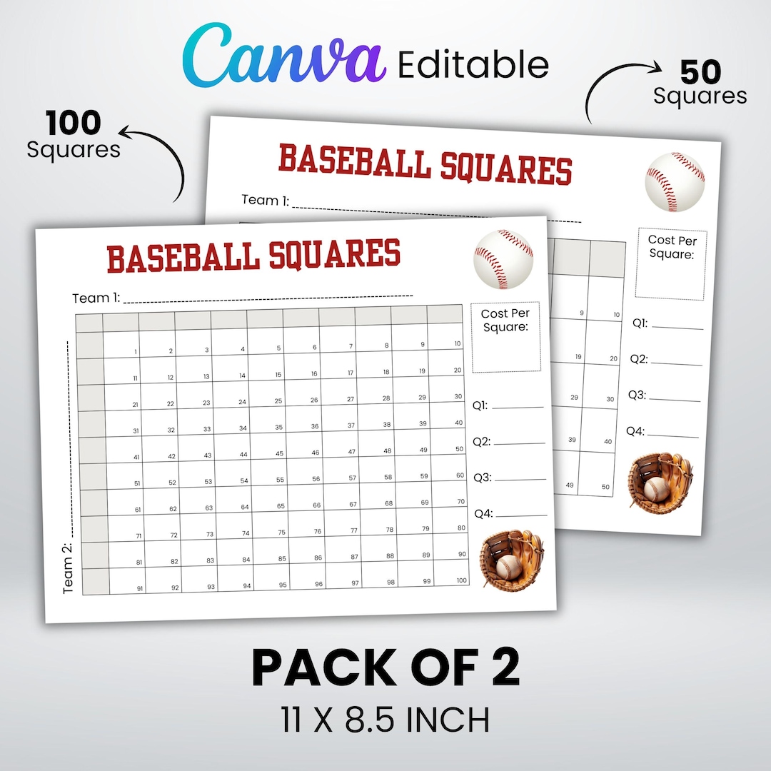 Baseball Squares Printable, Pool Game, 100 Square Grid for the Big Game ...