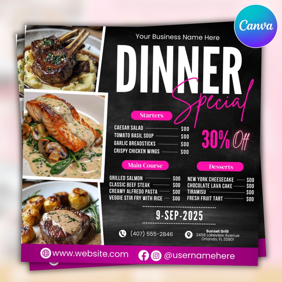 Dinner Specials Flyer, Restaurant Menu Template, Editable Food Flyer ...