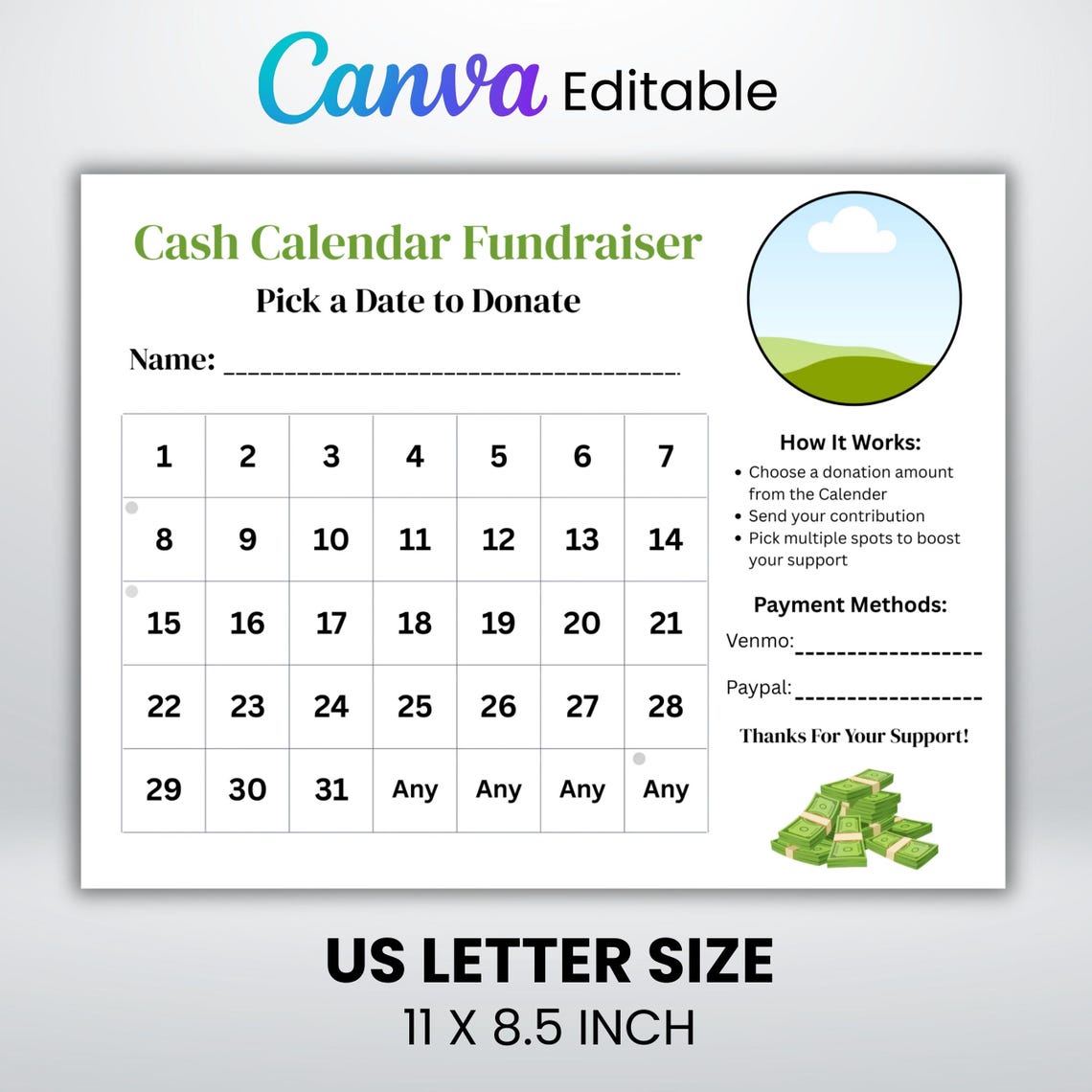 All-purpose Fundraiser Calendar Template | Pick a Date to Donate | Cash ...