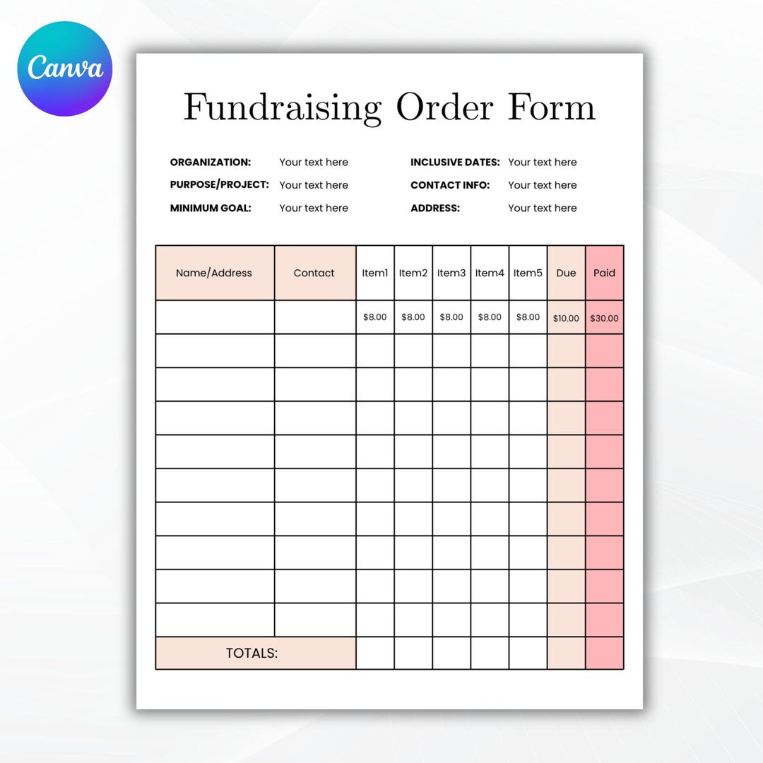 Fundraising Order Form Template, Editable Fundraiser, Tracker Form for ...