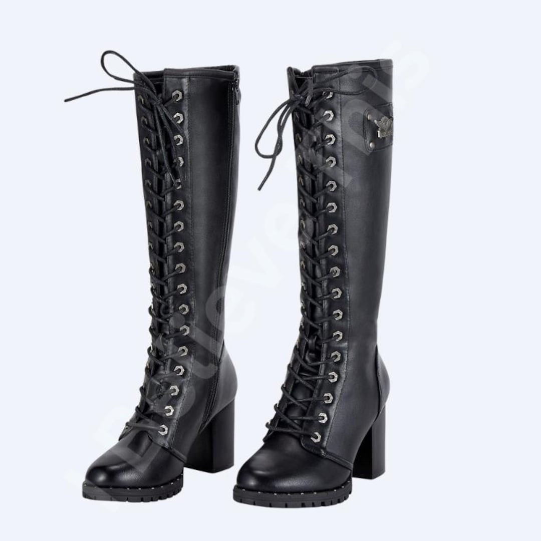 Women Knee High Laced Boots, Zipper on Side - Etsy