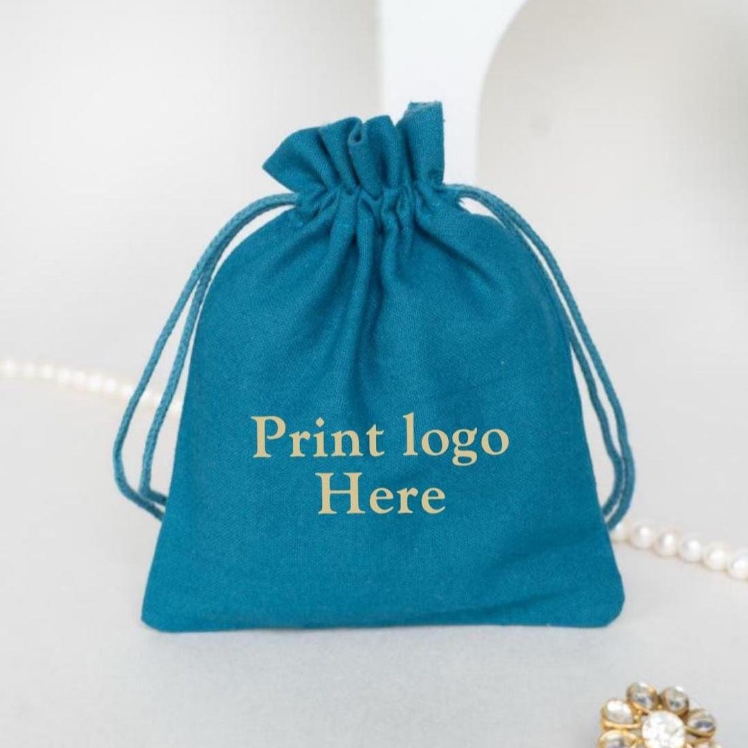 100 Custom Logo Cotton Drawstring Bags: Jewelry Packaging Bag, Teal ...