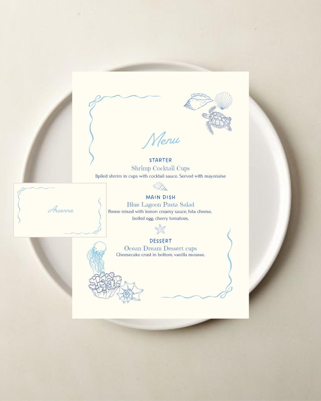 Bow Seashell Menu & Placed Card Template, Party Menu, Cute Design Menu ...
