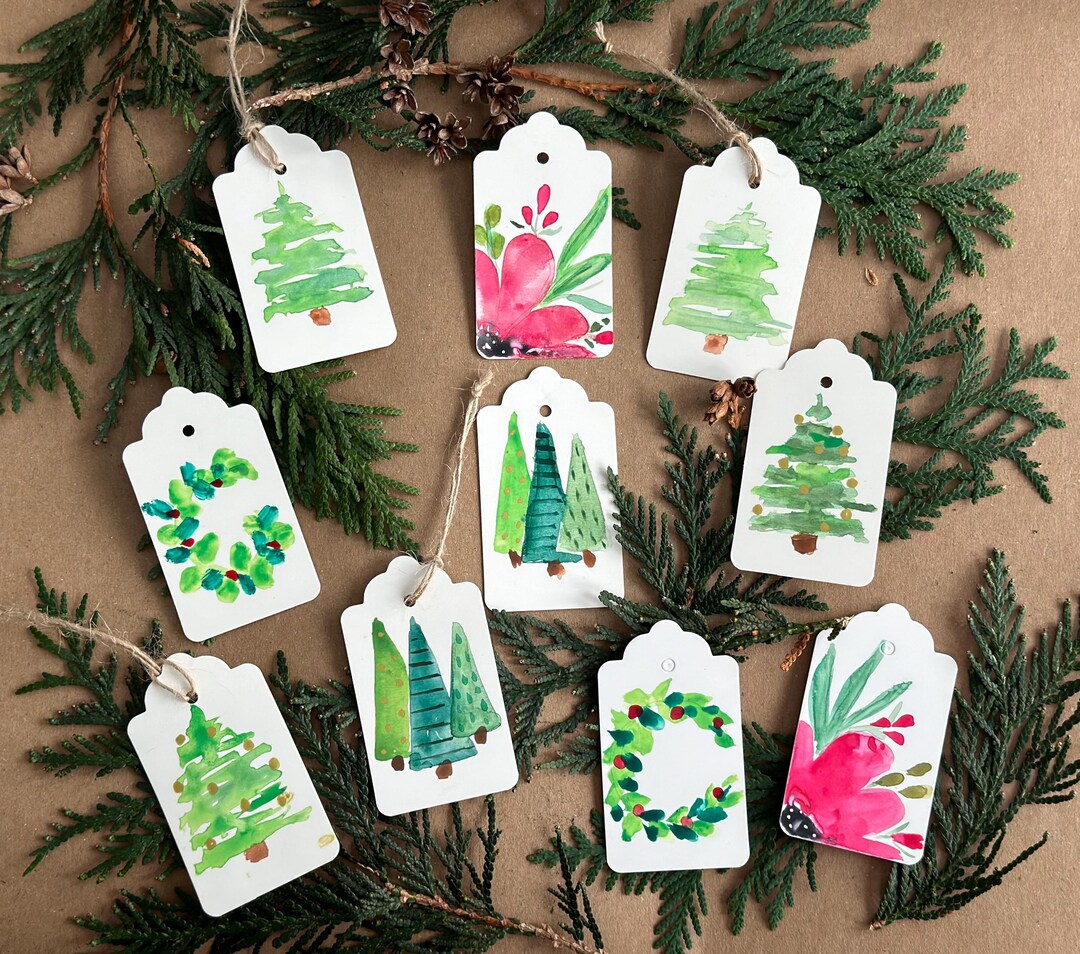 Christmas Gift Tags Set of 12, Watercolor Holiday Gift Tags, Handmade ...