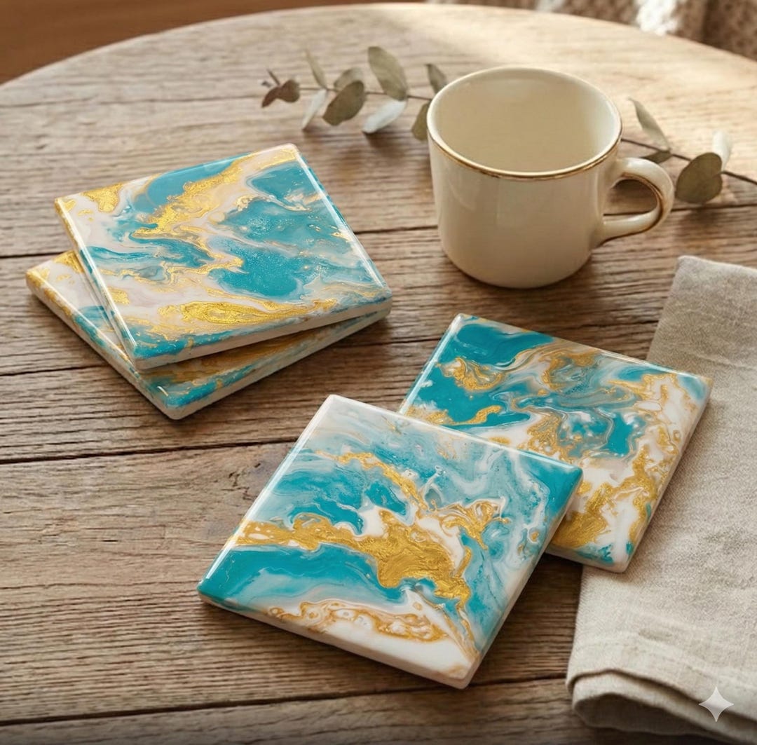 Handcrafted Teal and Gold Coasters, Marbled Ceramic Drink Coaster Set ...