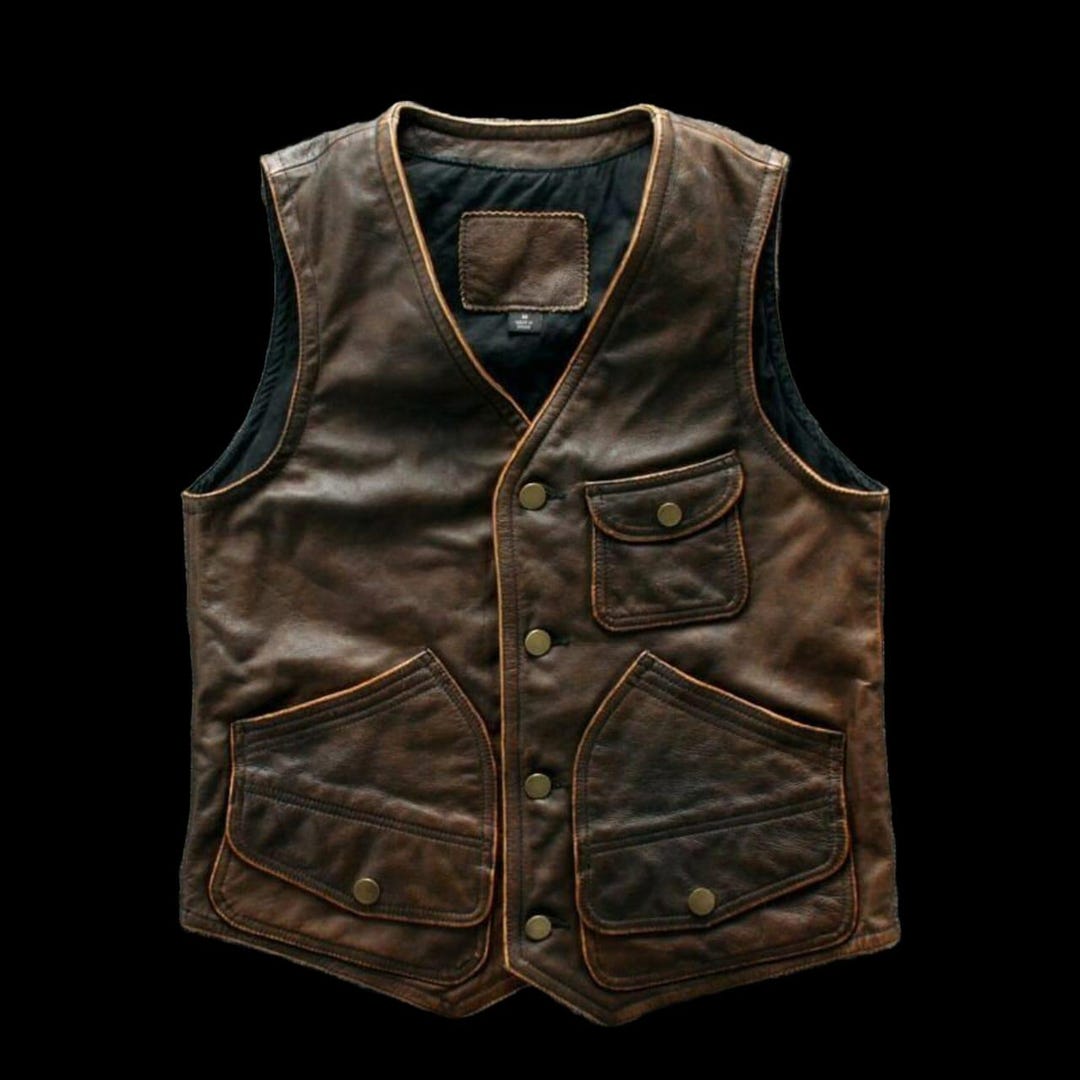 Handmade Brown Leather Vest for Men – Vintage Western Cowboy Style ...