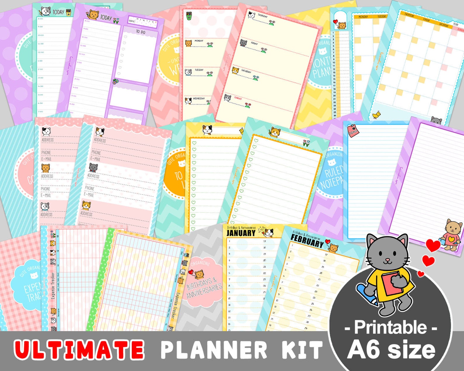 PRINTABLE A6 Size Ultimate Planner Kit Cute Kitty Daily Weekly Monthly ...