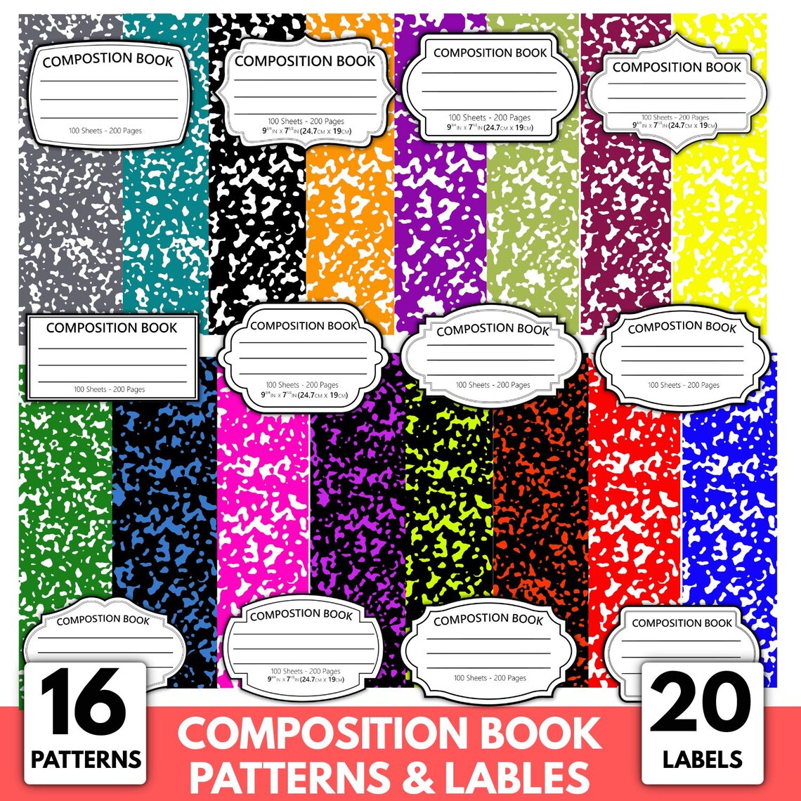 Composition Book Cover SVG Bundle: Notebook Label Templates (digital ...