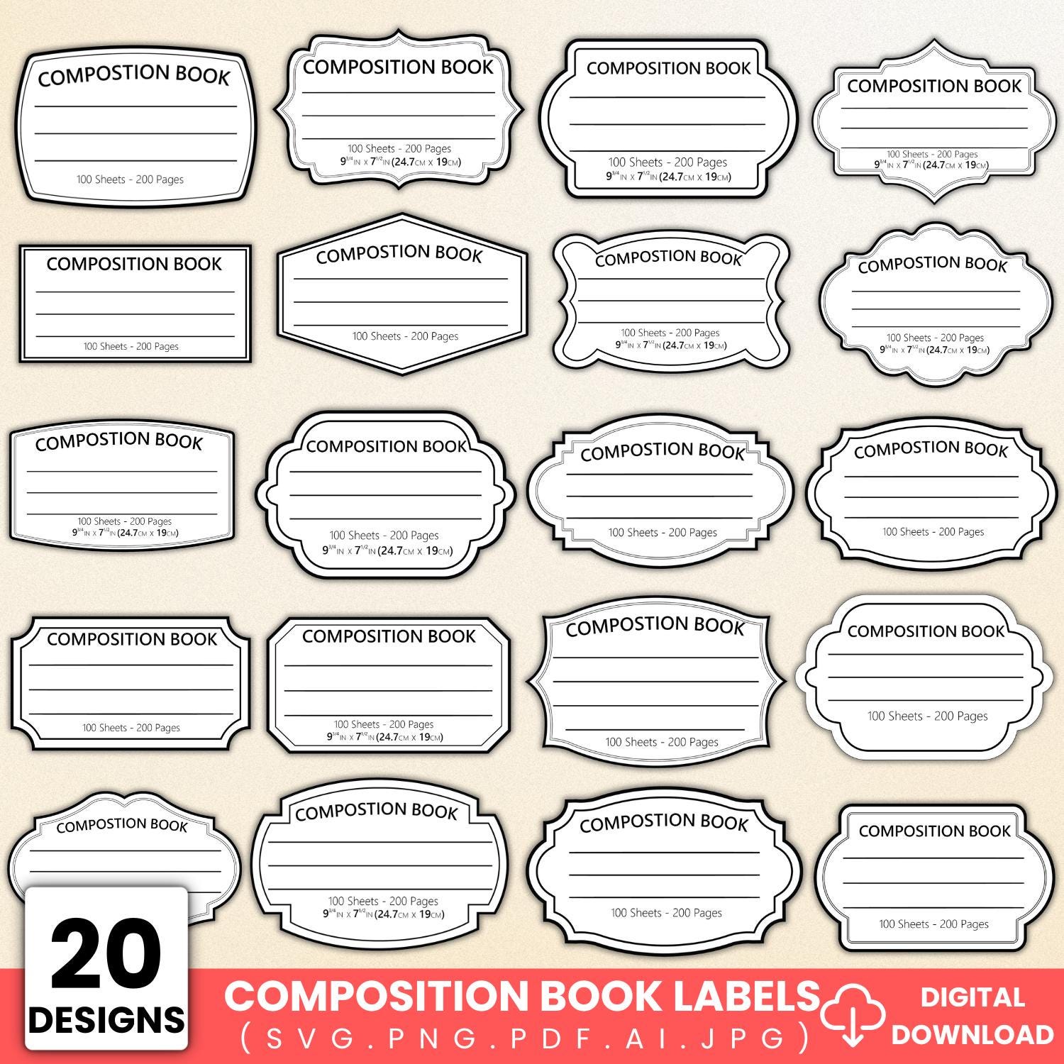 Composition Book Cover SVG Bundle: Notebook Label Templates (digital ...