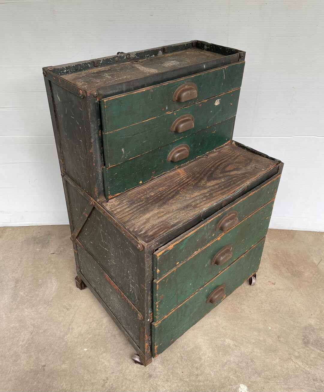 Vintage Rolling Tool Box Wood and Metal Rolling Tool Cabinet 6 Drawer ...