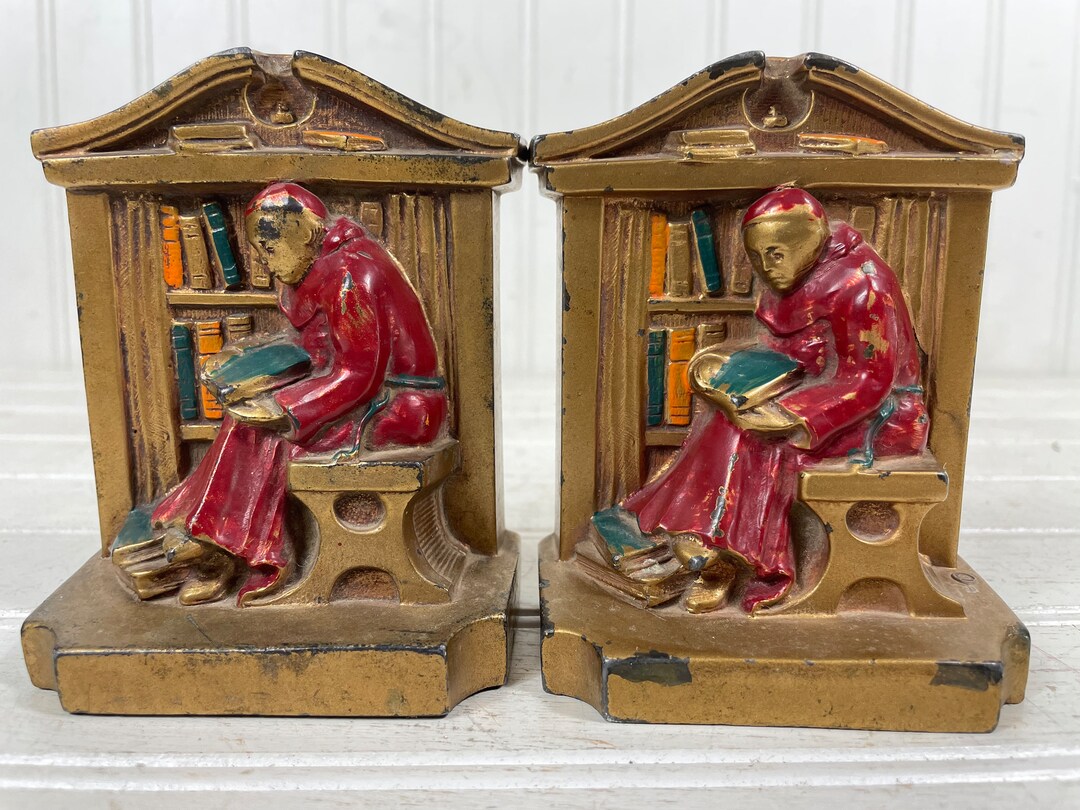 Vintage 1922 L V Aronson Brass Bookends Monk Priest Cardinal in Library ...