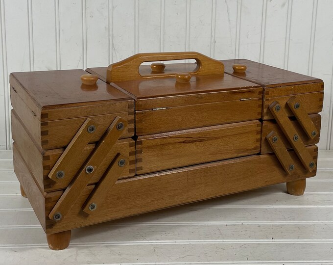 Vintage Accordion Sewing Box Wooden Fold-out Sewing Box Made in Romania ...
