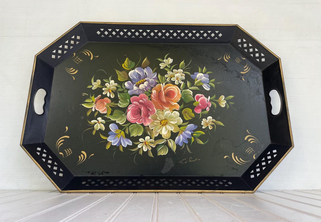 Vintage Fred Austin Hand-painted Floral Butler’s Tray – Reticulated ...