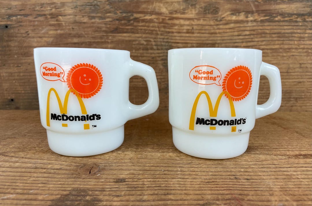 Pair of Collectible Mcdonald's "good Morning" Stackable Milk Glass Mugs ...
