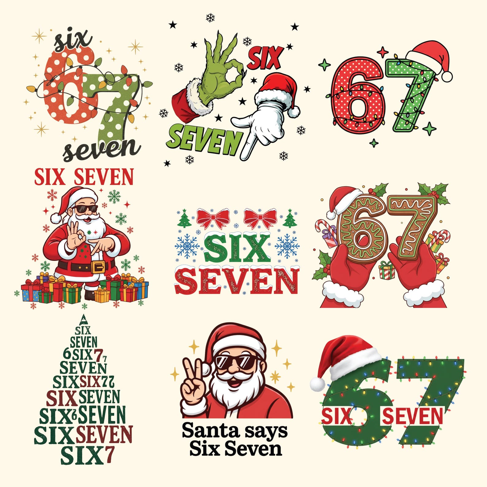 Funny Christmas Meme SIX Seven Png Bundle, Santa Says 67 Clipart Png ...