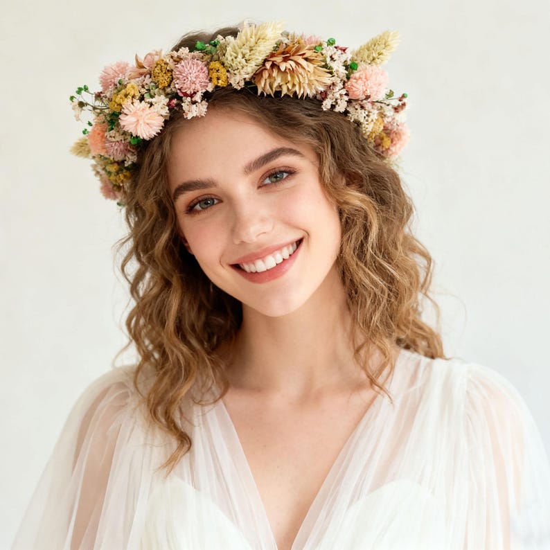 Flower Crown, Pink Dried Flower Crown, Rustic Floral Crown, Wedding ...