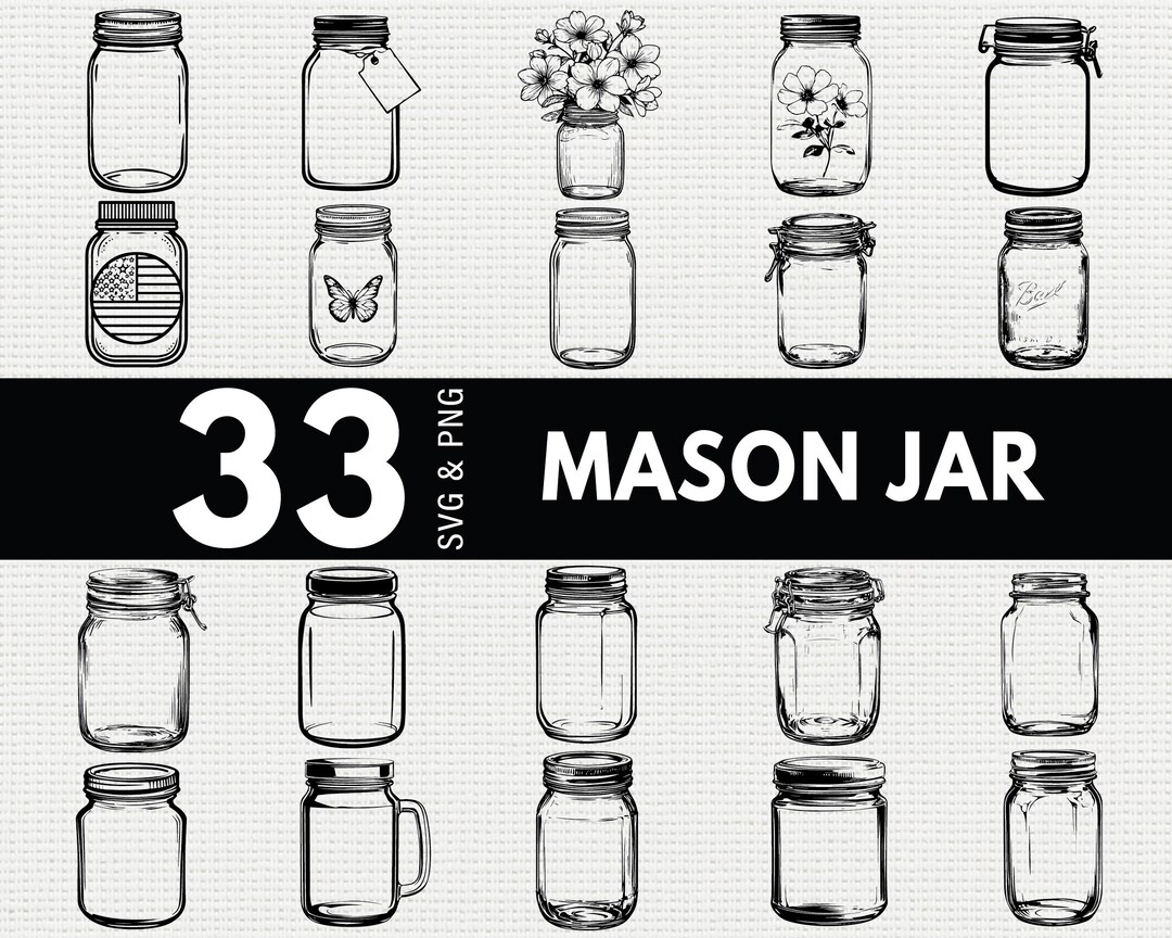 Mason Jar SVG PNG Bundle, Rustic Kitchen Silhouette Clipart, Farmhouse ...