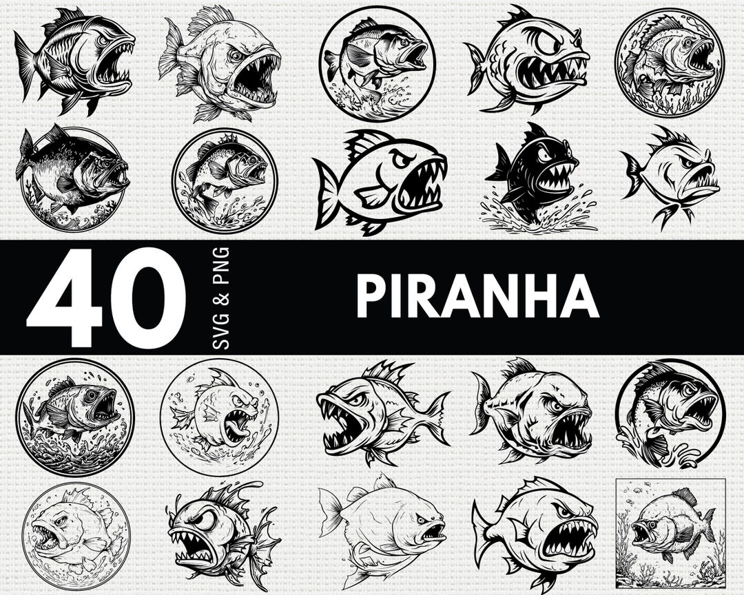 Piranha SVG PNG Bundle, Fish Silhouette Clipart, Scary Predator Cricut ...