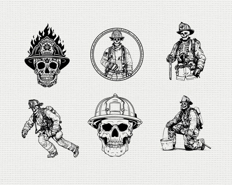 Skeleton Firefighter SVG PNG Bundle, Gothic Skull Silhouette Clipart ...
