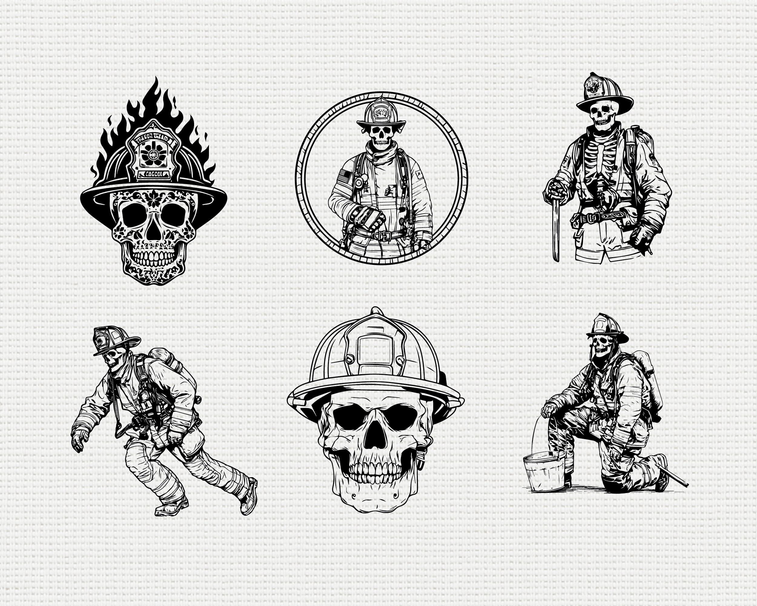 Skeleton Firefighter SVG PNG Bundle, Gothic Skull Silhouette Clipart ...
