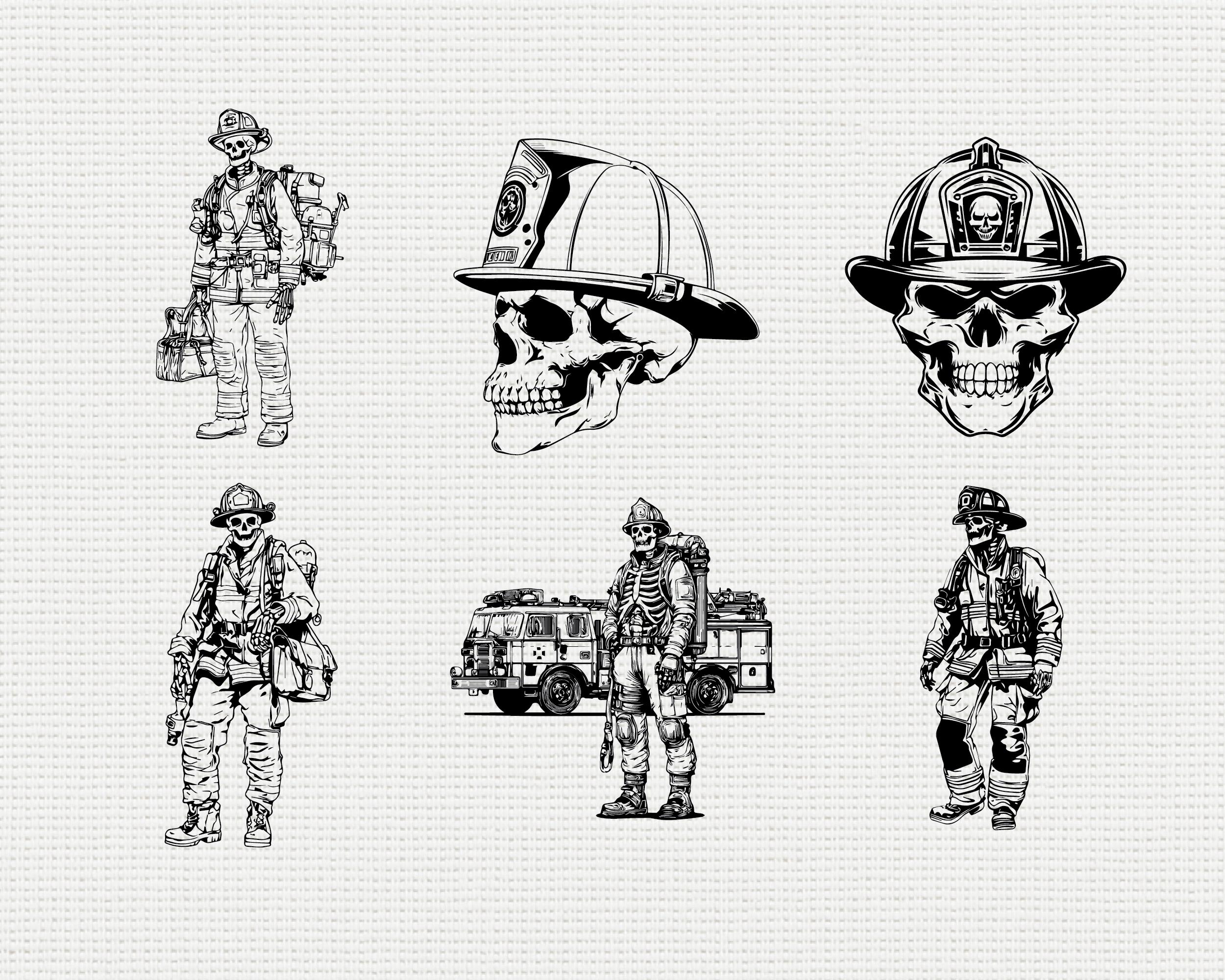 Skeleton Firefighter SVG PNG Bundle, Gothic Skull Silhouette Clipart ...