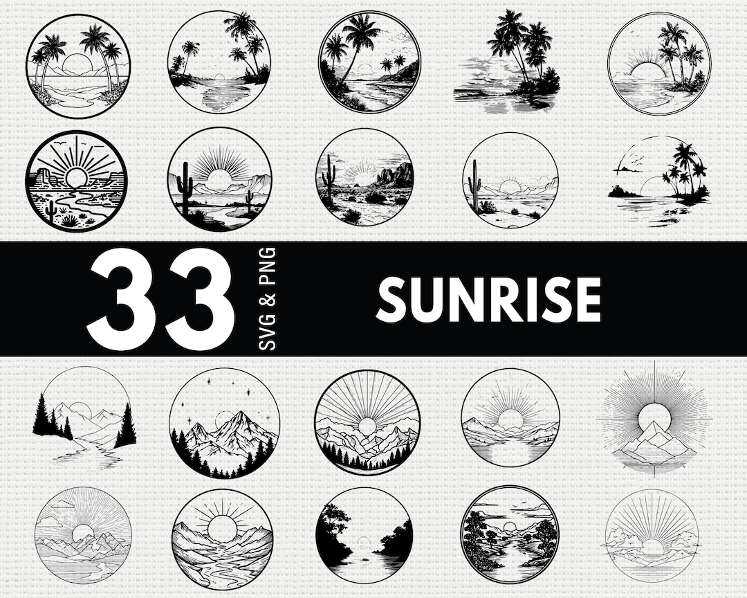 Sunrise SVG Bundle, Sun Silhouette PNG, Morning Rays Clipart, Landscape ...