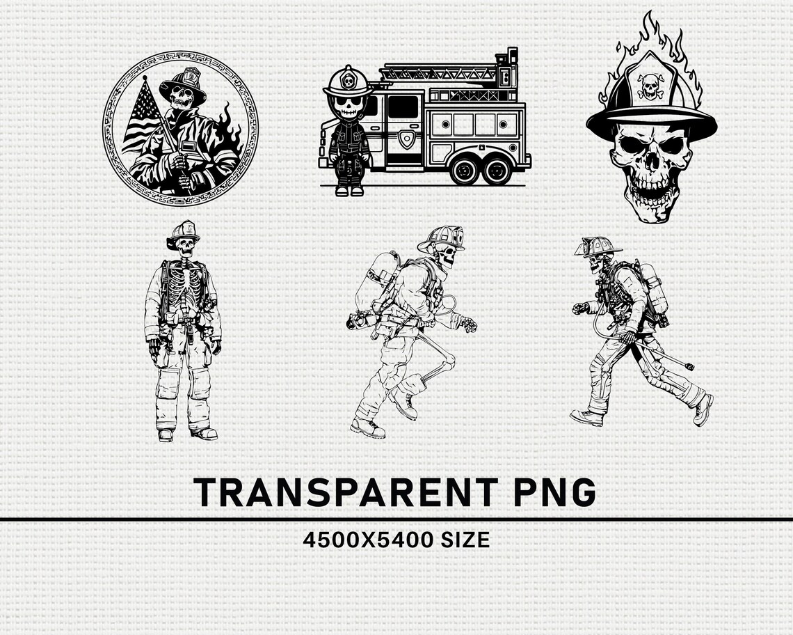 Skeleton Firefighter SVG PNG Bundle, Gothic Skull Silhouette Clipart ...