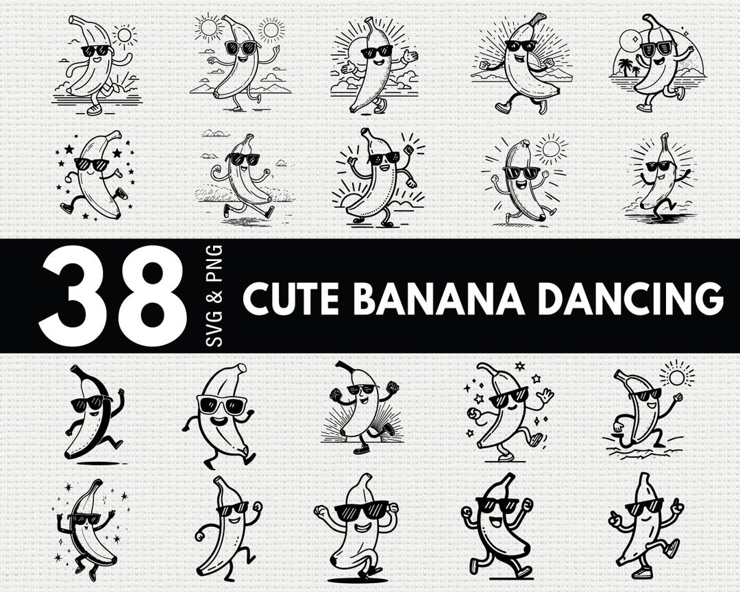 Banana Dancing SVG PNG Bundle, Kawaii Fruit Silhouette Clipart, Cartoon ...