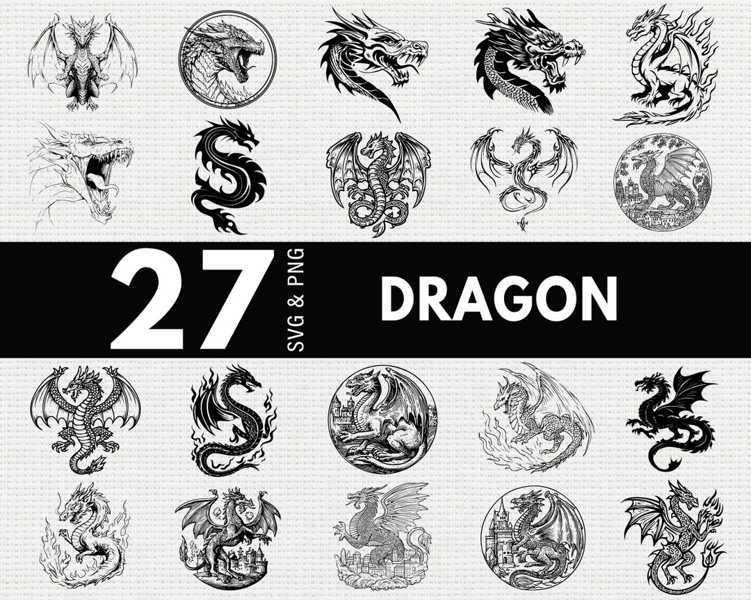Dragon SVG PNG Bundle, Mythical Creature Silhouette Clipart, Fantasy ...