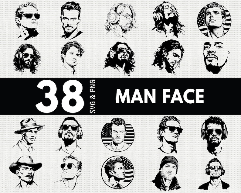 Man Face SVG PNG Bundle, Male Silhouette Clipart, Portrait Line Art ...