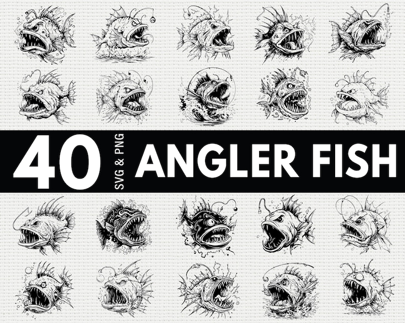 Angler Fish SVG PNG Bundle, Deep Sea Monster Silhouette Clipart, Ocean ...