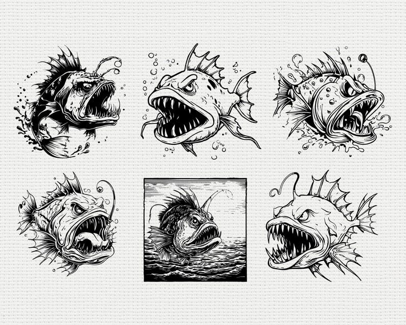 Angler Fish SVG PNG Bundle, Deep Sea Monster Silhouette Clipart, Ocean ...