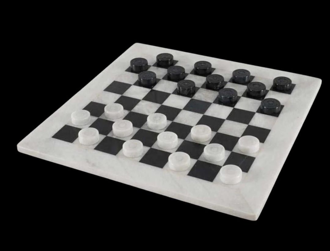 Minimalist Marble Checkers Set | Black & White Stone Draughts Board ...