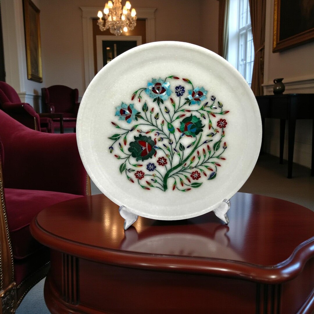 Floral Inlay Marble Plate | Semi-precious Stone Art, Agra India - Etsy