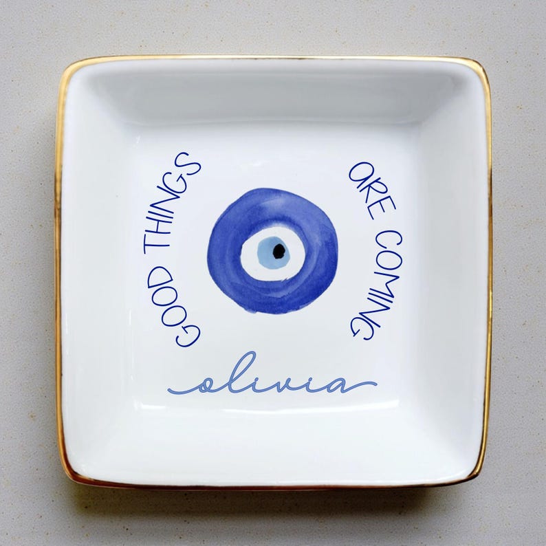 Good Things Are Coming, Blue Evil Eye Custom Ring Dish, Personalized ...