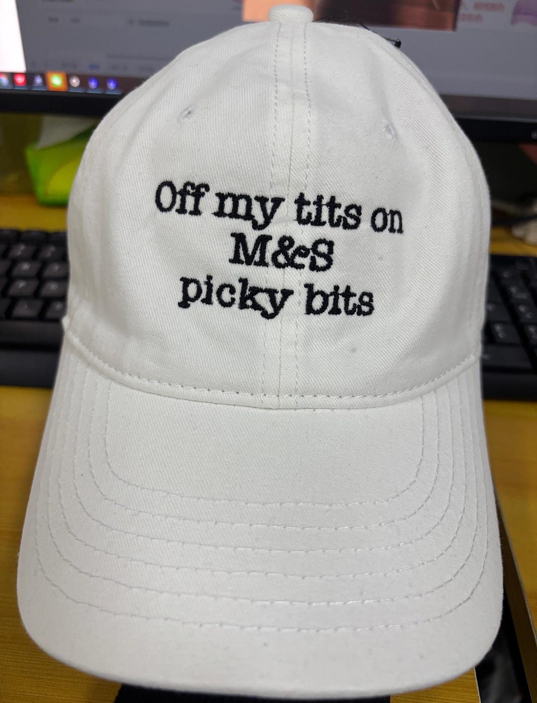 Off My Tits on M&S Picky Bits, Embroidered Baseball Hat, Funny British ...