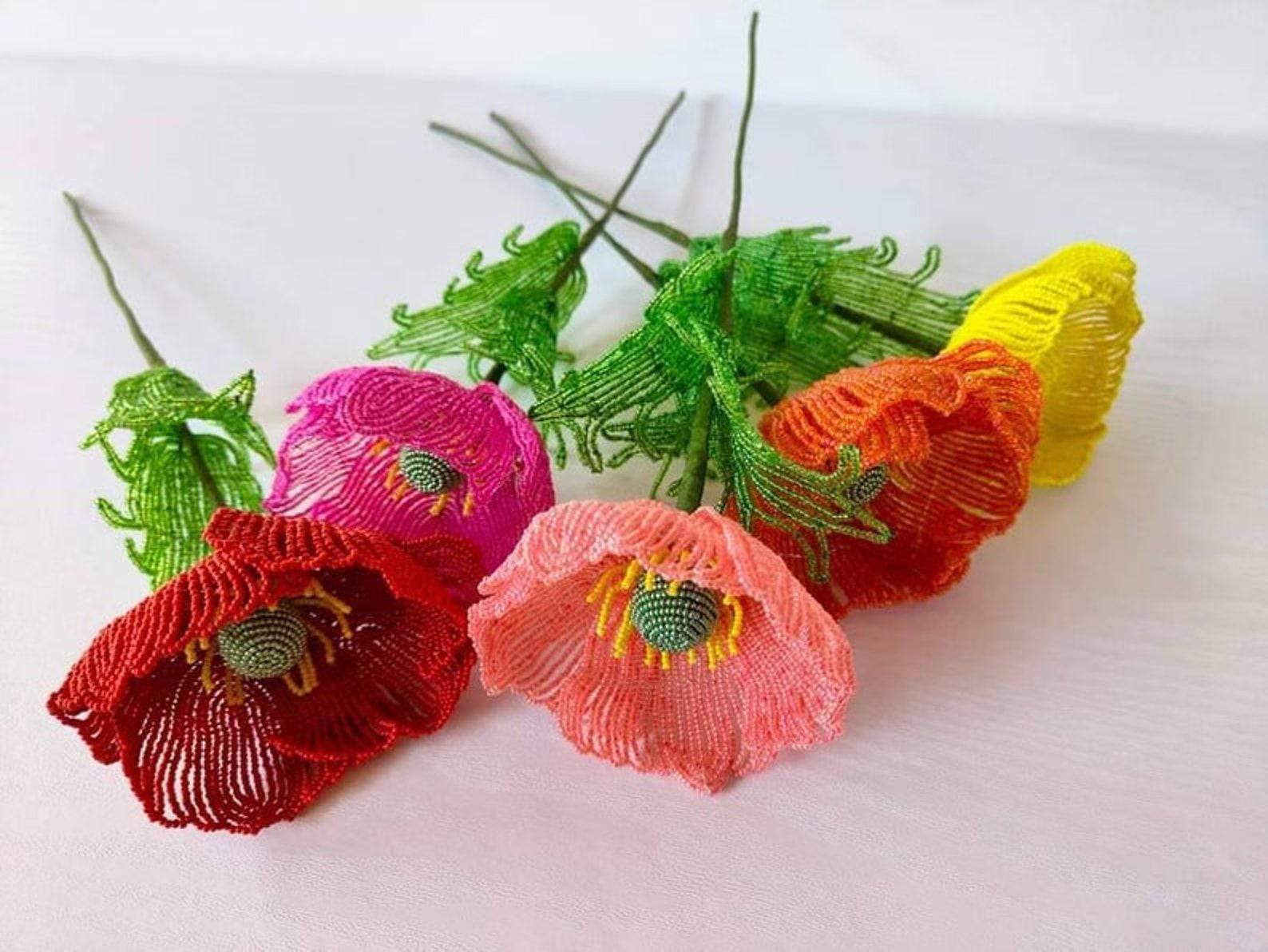 French Beaded Poppy Flower: Handmade Artificial Floral Arrangement - Etsy