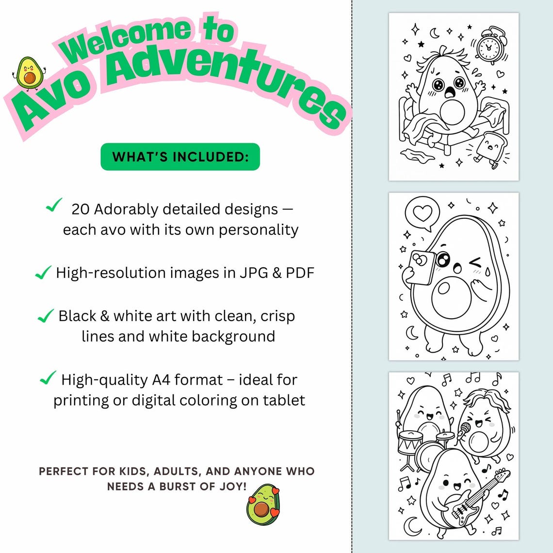 Kawaii Avocado Coloring Pages – Chibi Avo Adventures, Printable ...