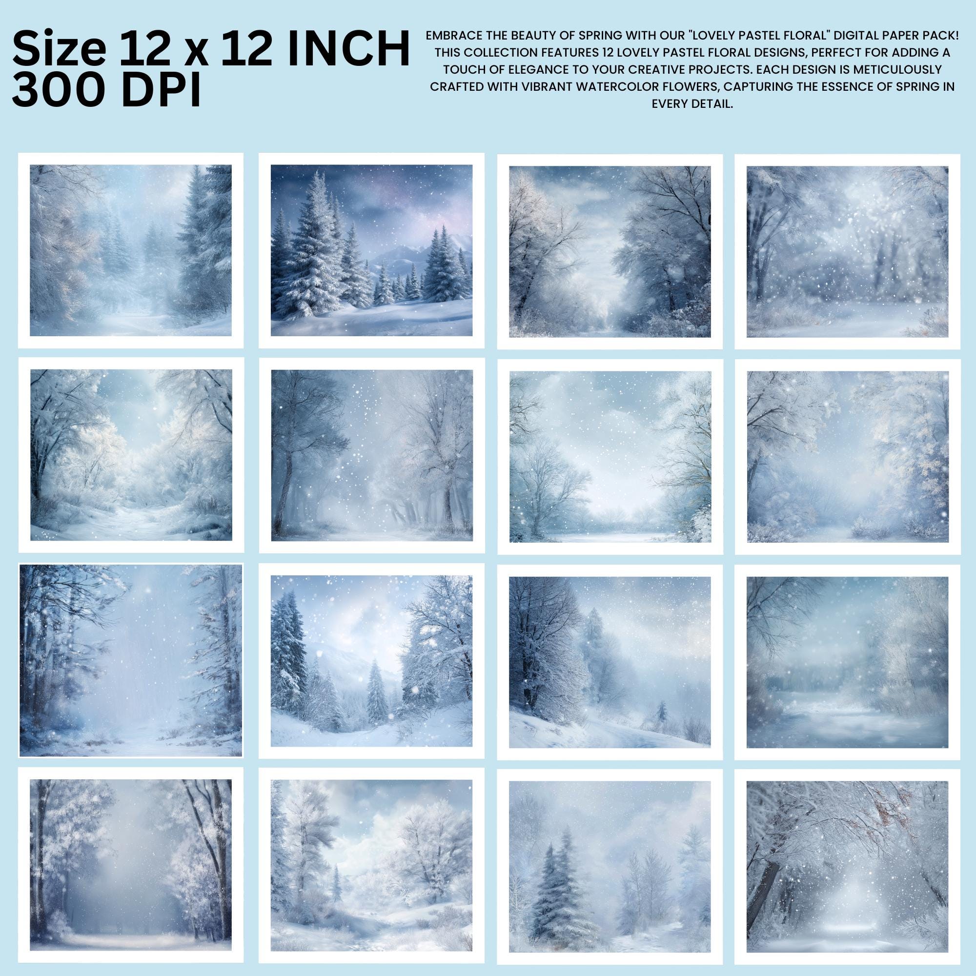 50+ Winter Snow Digital Paper, Fantasy Landscape Backdrop, Snowflakes ...