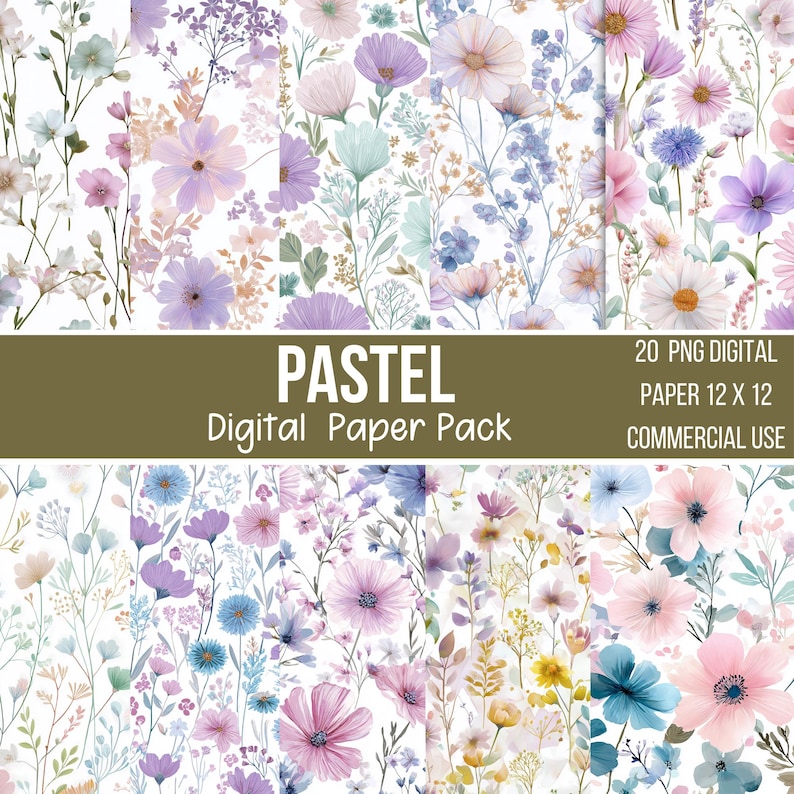 Pastel Flowers Digital Paper, Spring Meadow, Floral, Botanical ...