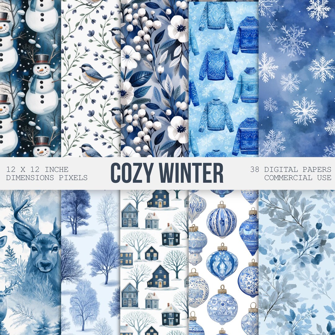 Cozy Winter Digital Paper, Blue Christmas Digital Papers, Woodland ...