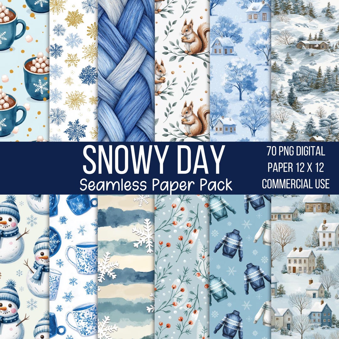 Snowy Day Seamless Digital Paper, Snowflakes Digital Papers, Woodland ...