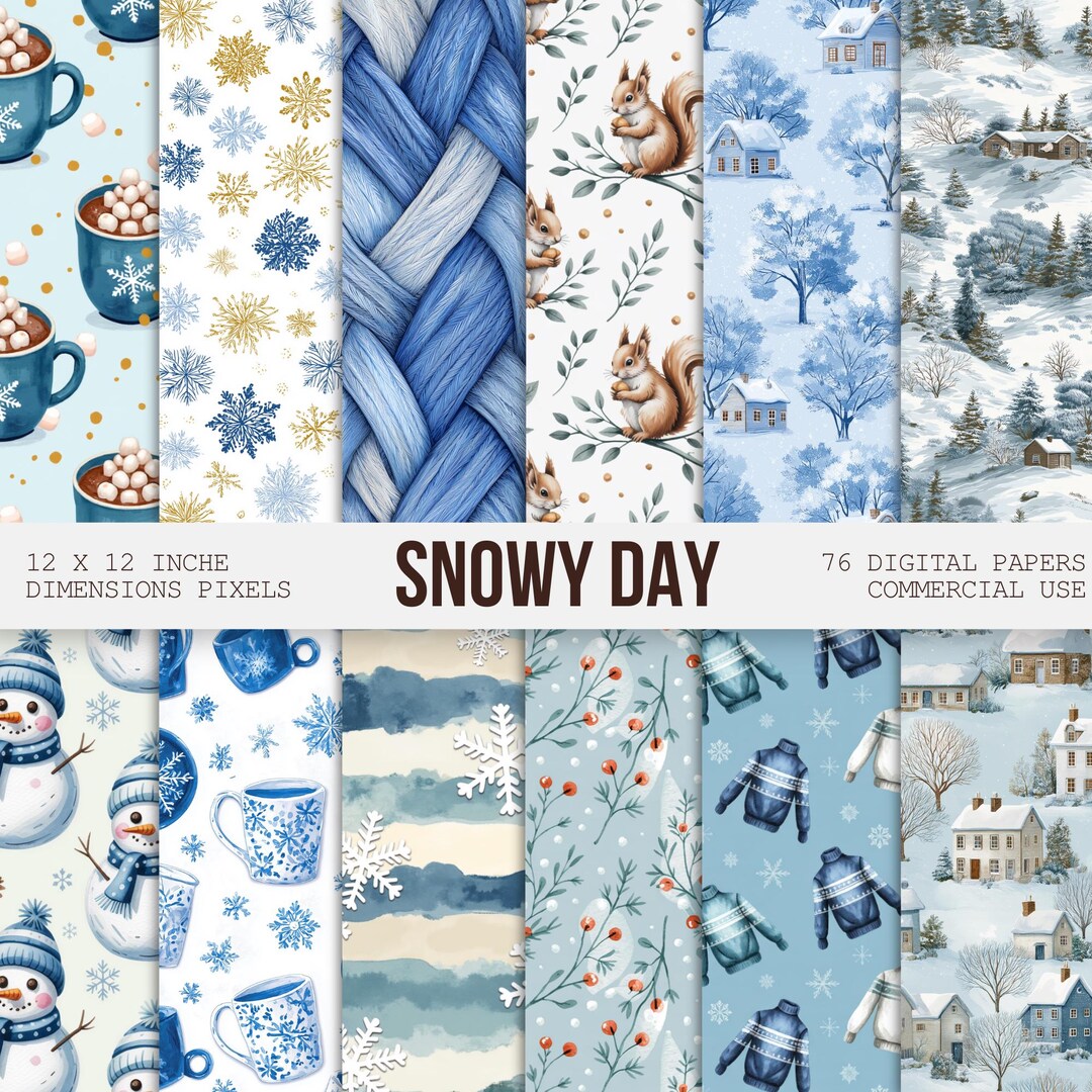 Snowy Day Seamless Digital Paper, Snowflakes Digital Papers, Woodland ...