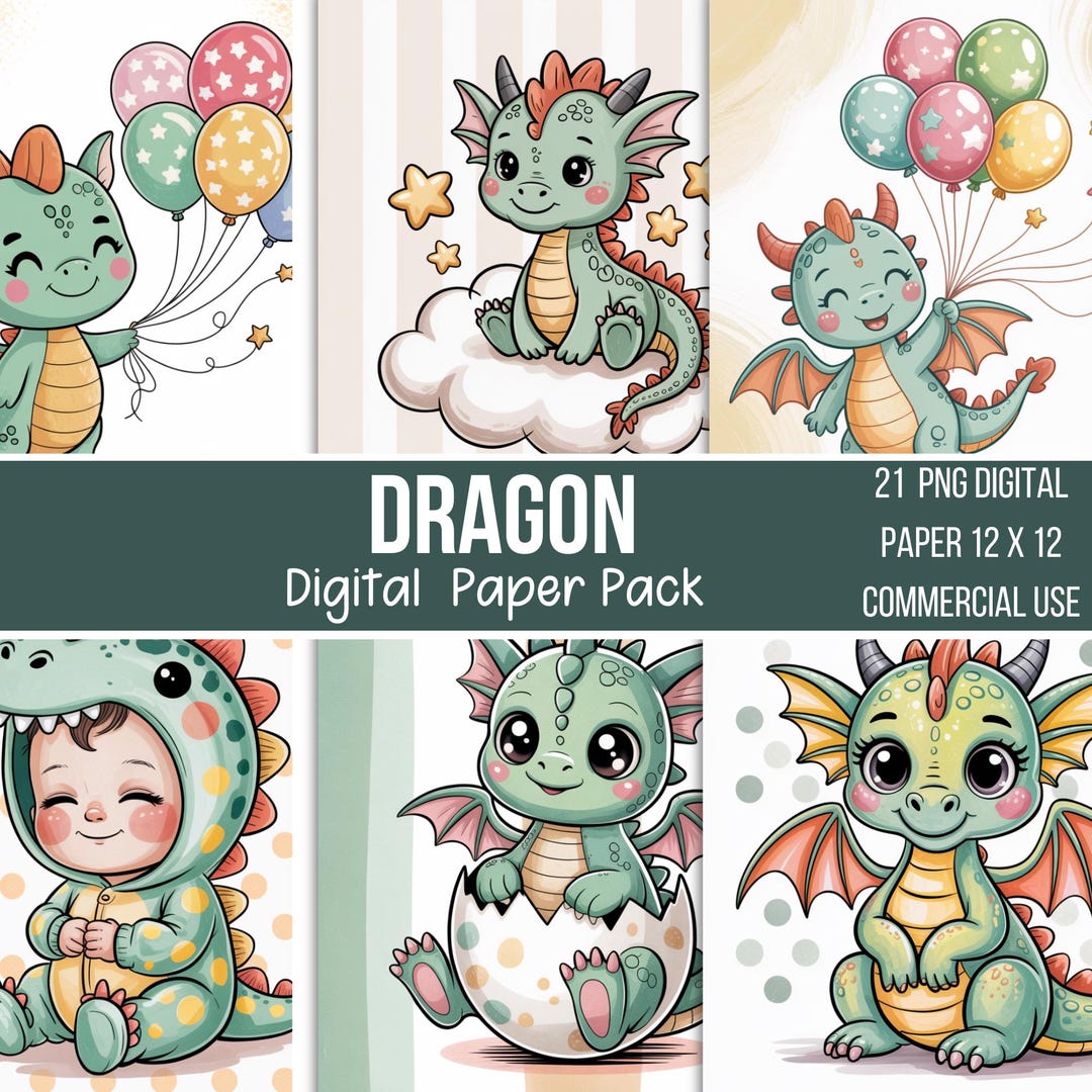 Green Baby Dragon Scrapbook Paper, Baby Dragon Digital Papers, Junk ...