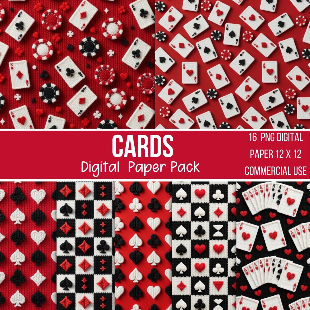 Yarn Playing Cards Digital Papers, Suits Casino Poker Chips, Seamless ...
