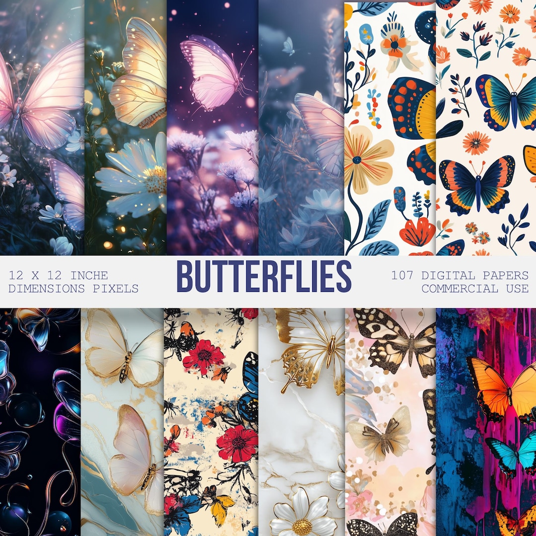 100+ Butterfly Garden Digital Paper Set, Scrapbook Digital Background ...