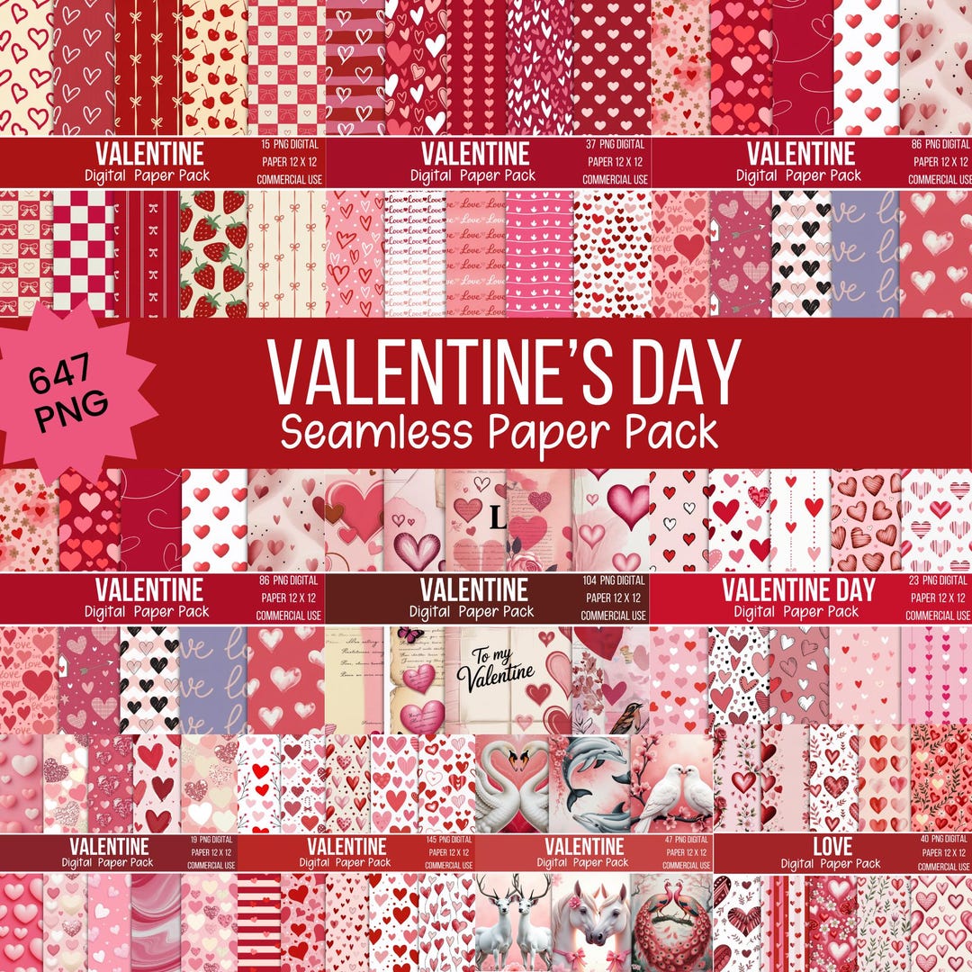 Valentine’s Day Digital Patterns Mega Bundle, Red Pink Hearts ...