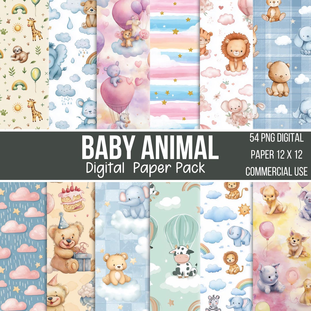 Baby Animals Scrapbook Papers, Baby Animal Digital Papers, Pastel ...