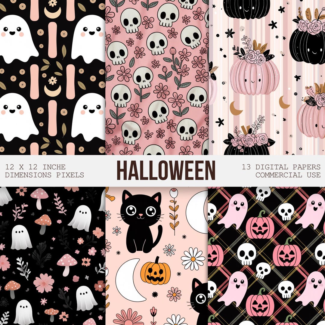 Pink Halloween Digital Paper Pack, Kawaii Ghosts, Skulls (digital ...