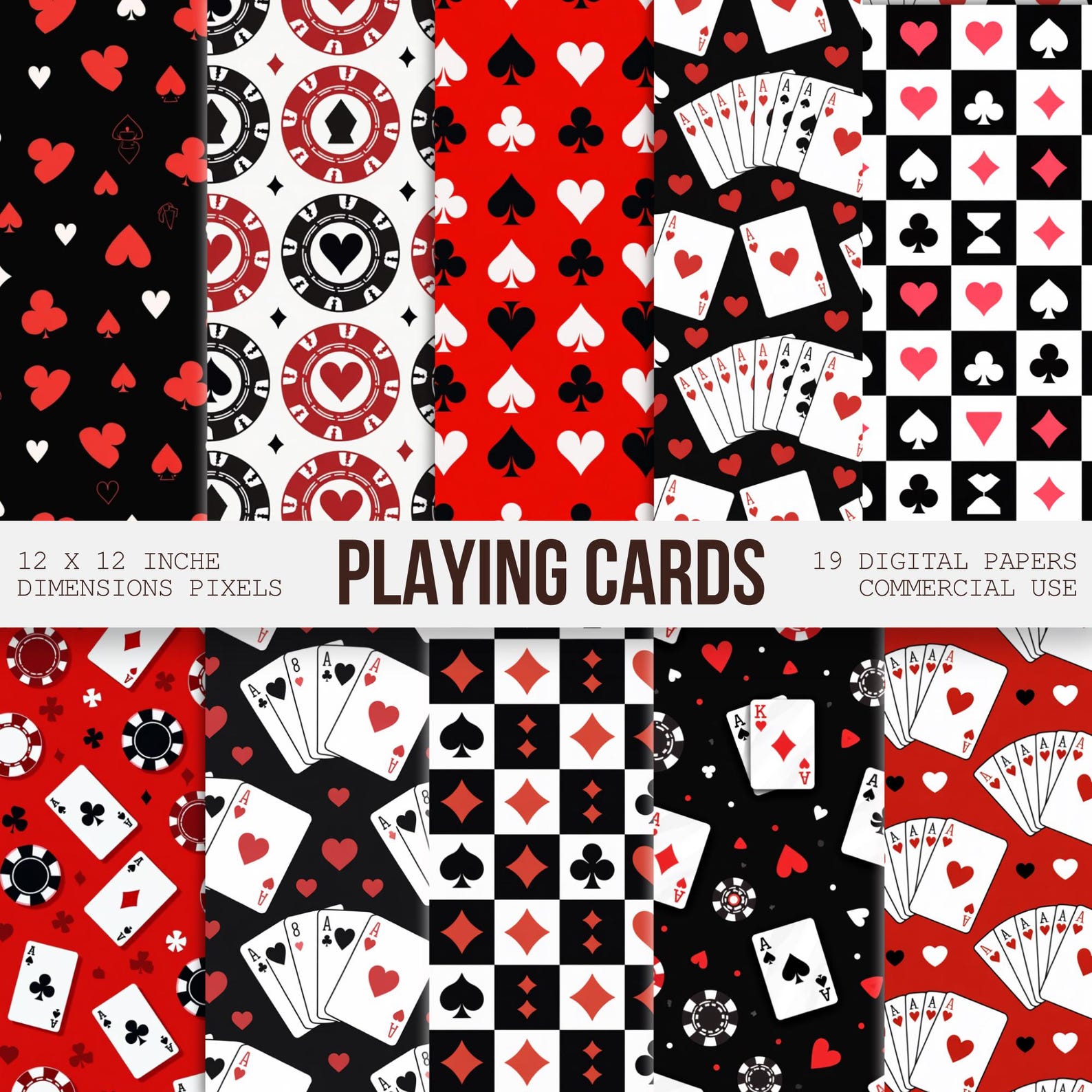 Seamless Playing Cards Digital Papers, Suits Casino Poker Chips Digital ...